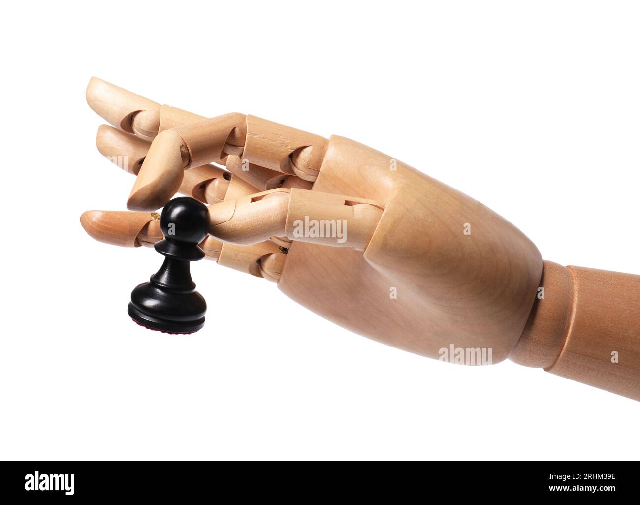 Robot with pawn isolated on white. Wooden hand representing artificial ...