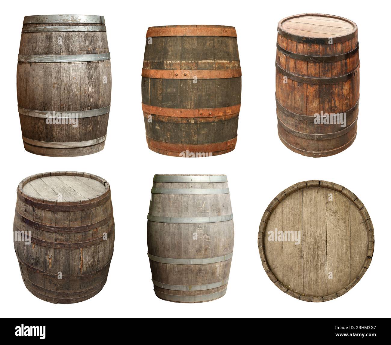 Different wooden barrels isolated on white, top and side views. Collage ...