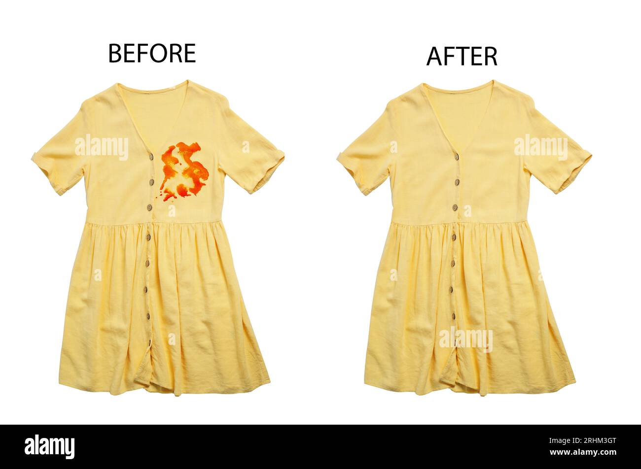 Collage with dirty and clean dress isolated on white. Before and after ...