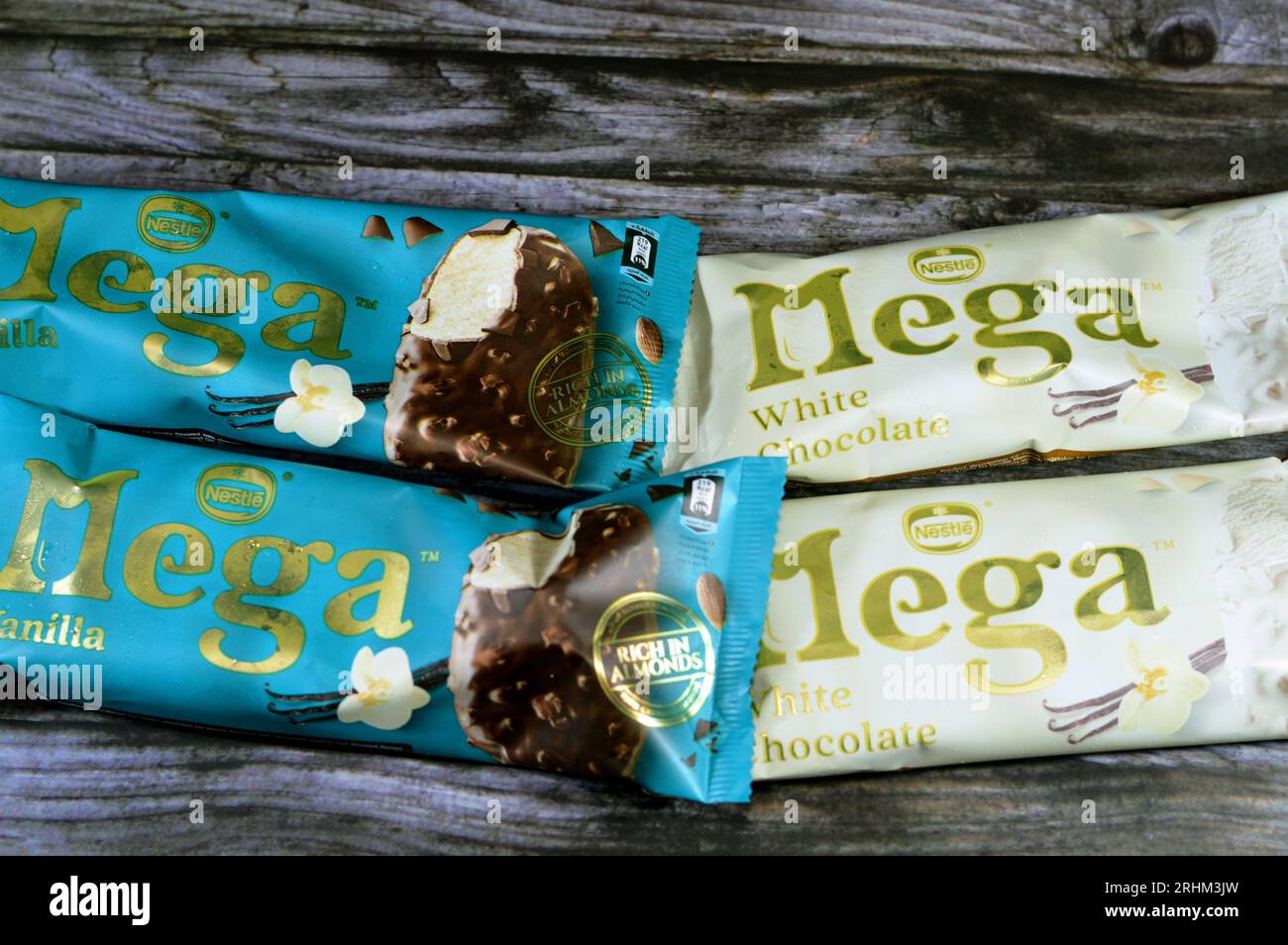Cairo, Egypt, July 22 2023: Nestle Mega Vanilla almonds ice cream ...