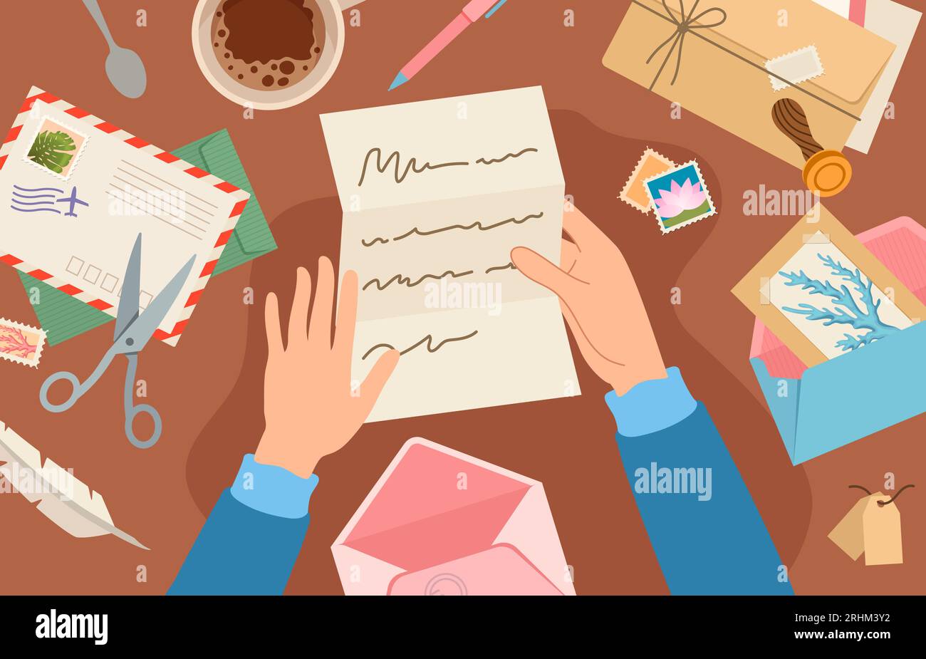 Hands holding mail on desk. Woman reading paper letter sheet. Card and ...