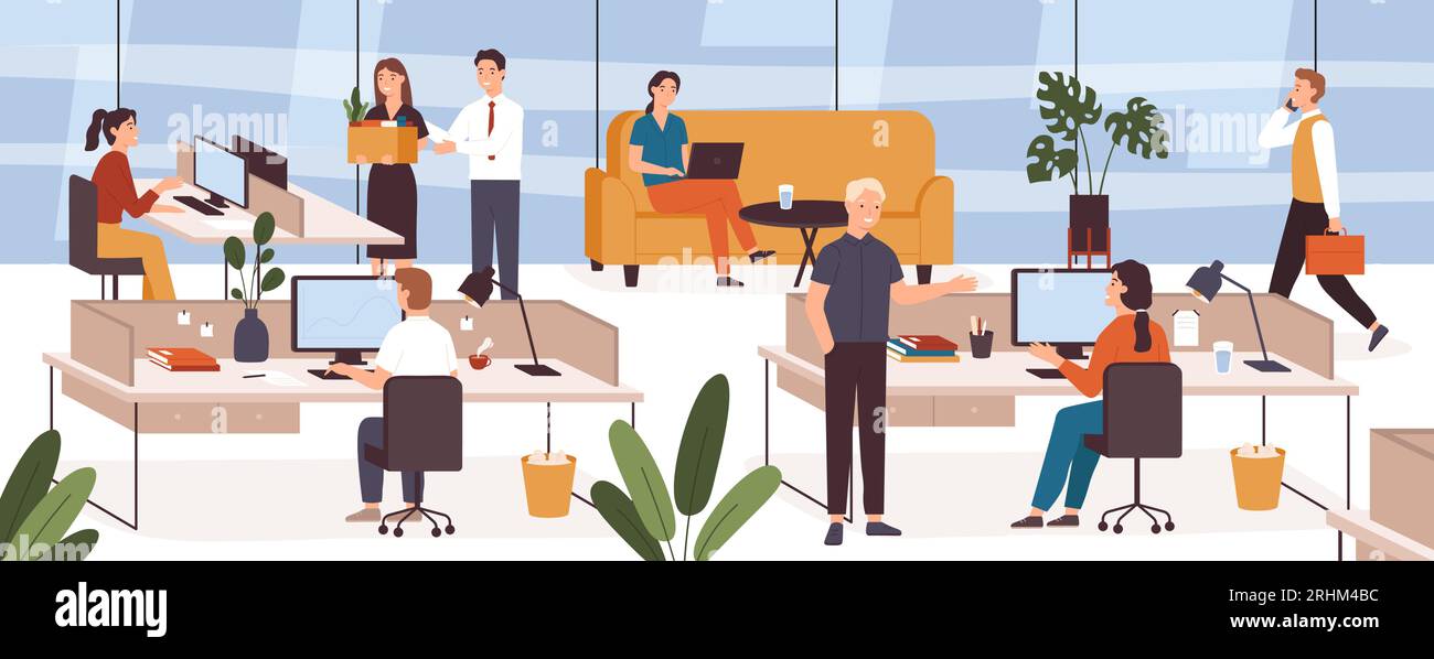Busy people in office. Company modern workplace interior with employees ... Busy people in office. Company modern workplace interior with employees ...