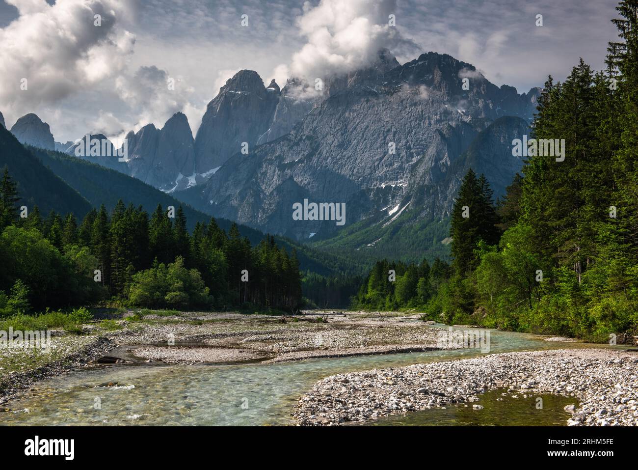 Alpine landscape with mountains and river in Tarvisio, Italy Stock ...