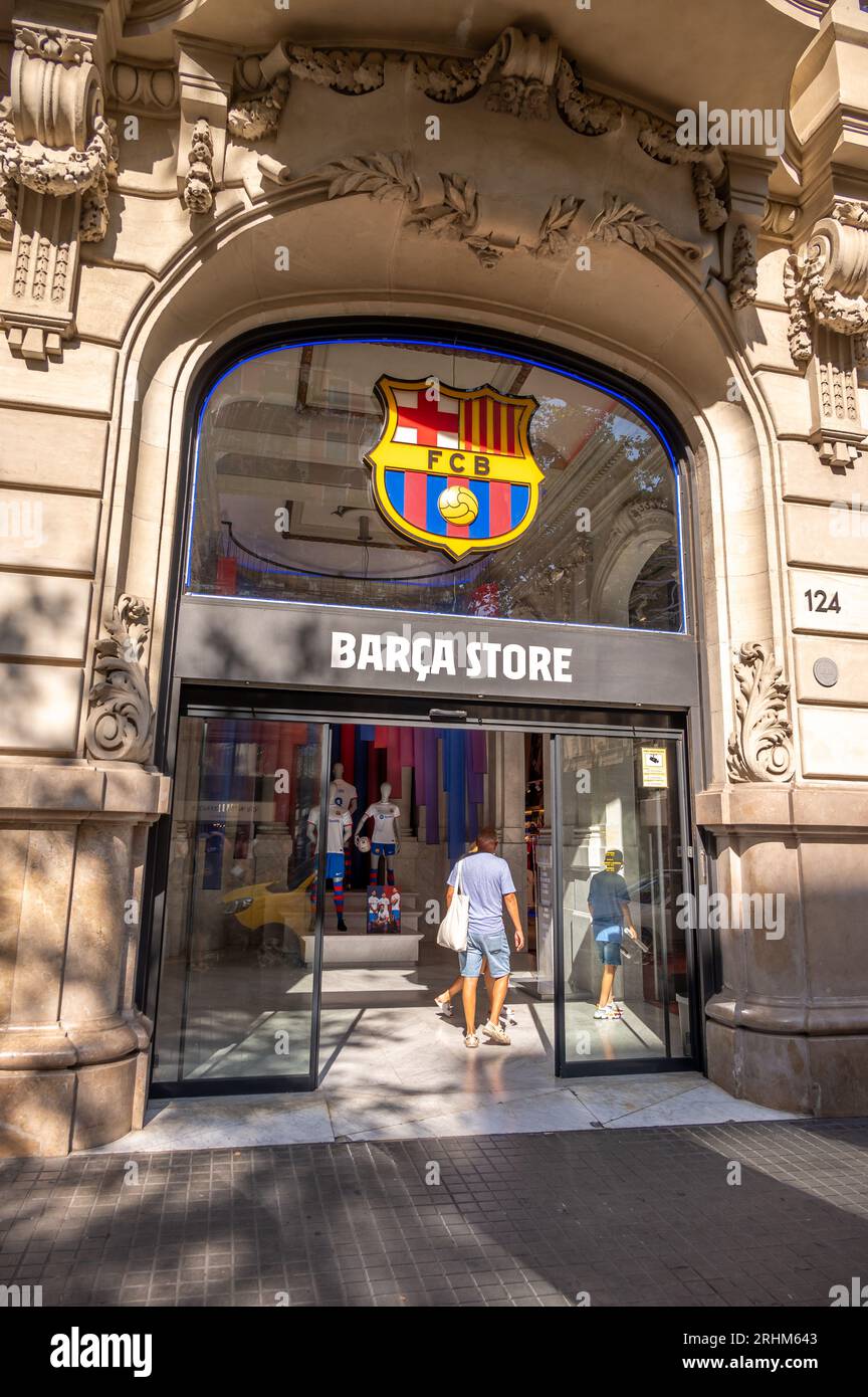 Barcelona, Spain - July 27, 2023: The Barca store on the famous Ramblas ...