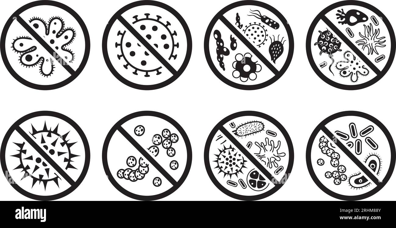 Antiviral and antibacterial icon. Vector icons set. Microorganism ban ...