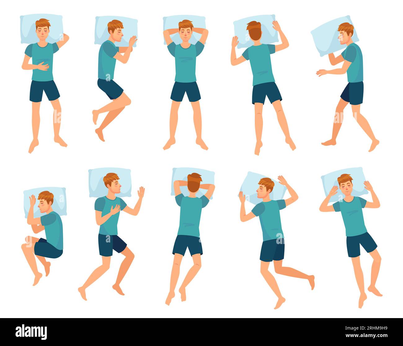 Man Sleeps In Different Poses Male Character Sleep Mans Sleeping In Bed Top View Vector