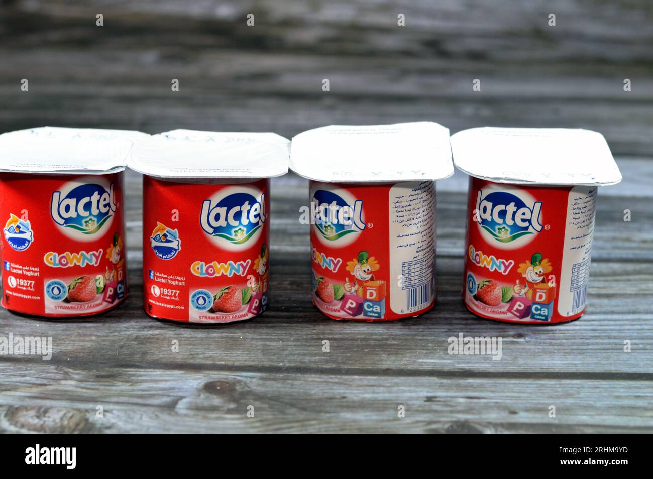 Cairo, Egypt, July 29 2023: Lactel clowny natural yoghurt with ...