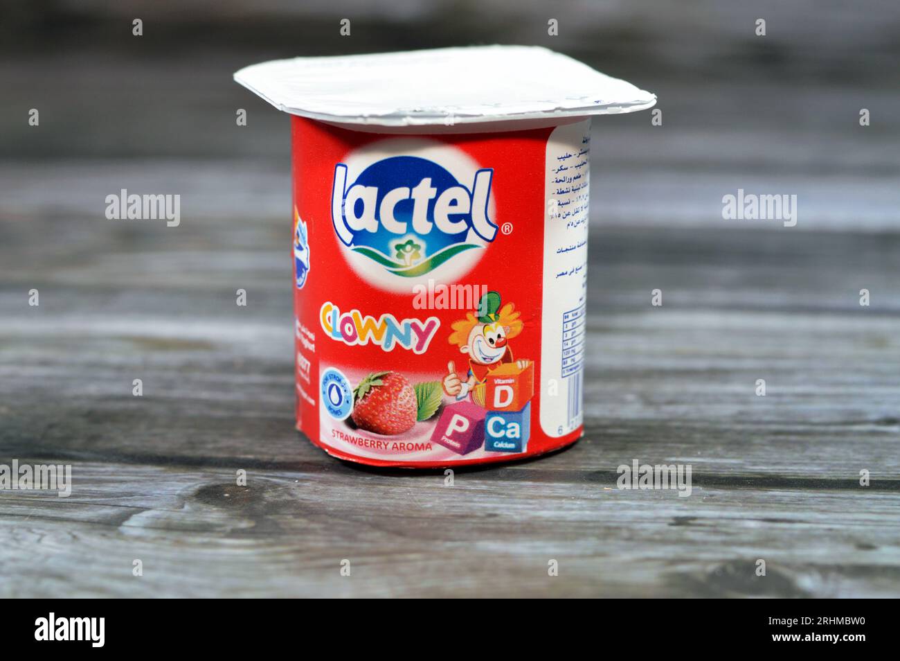 Cairo, Egypt, July 29 2023: Lactel clowny natural yoghurt with ...