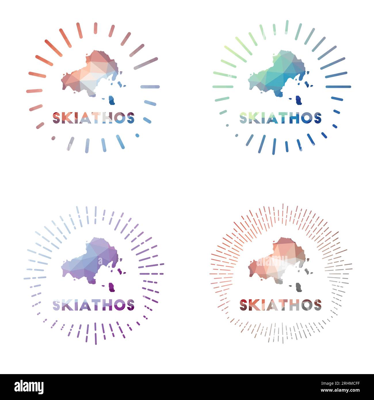 Skiathos low poly sunburst set. Logo of island in geometric polygonal ...