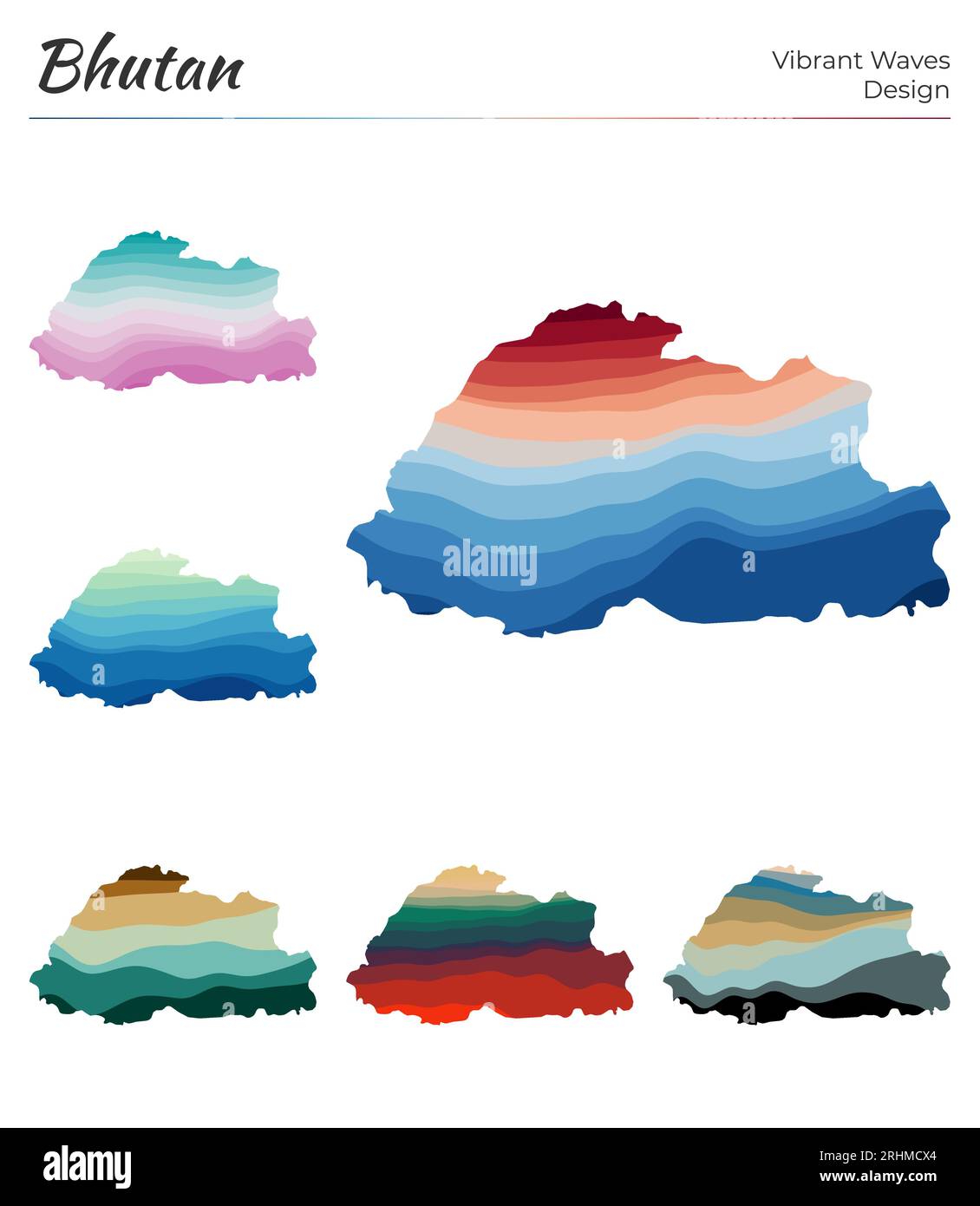 Set of vector maps of Bhutan. Vibrant waves design. Bright map of ...