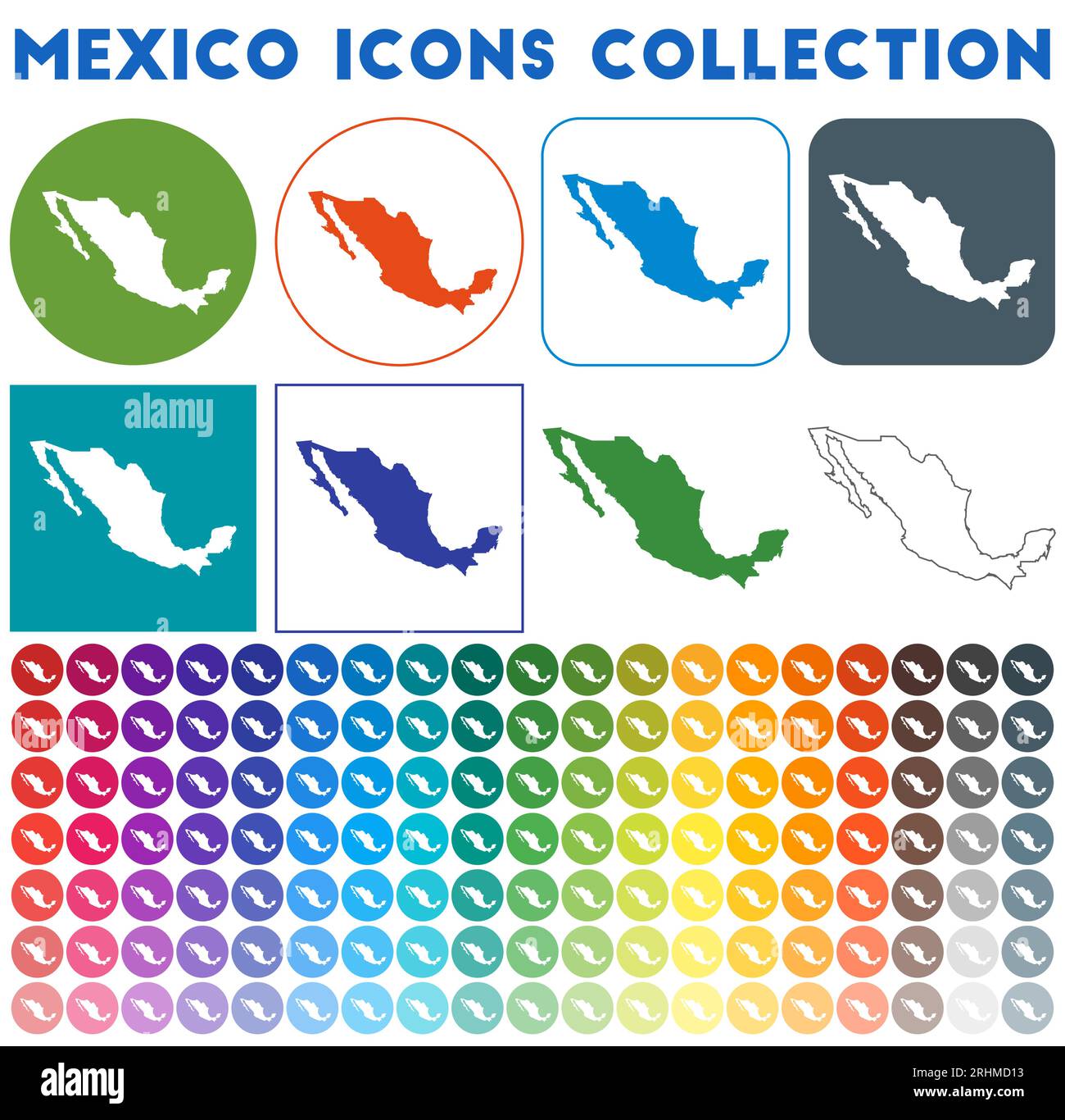 Mexico icons collection. Bright colorful trendy map icons. Modern Mexico badge with country map ...