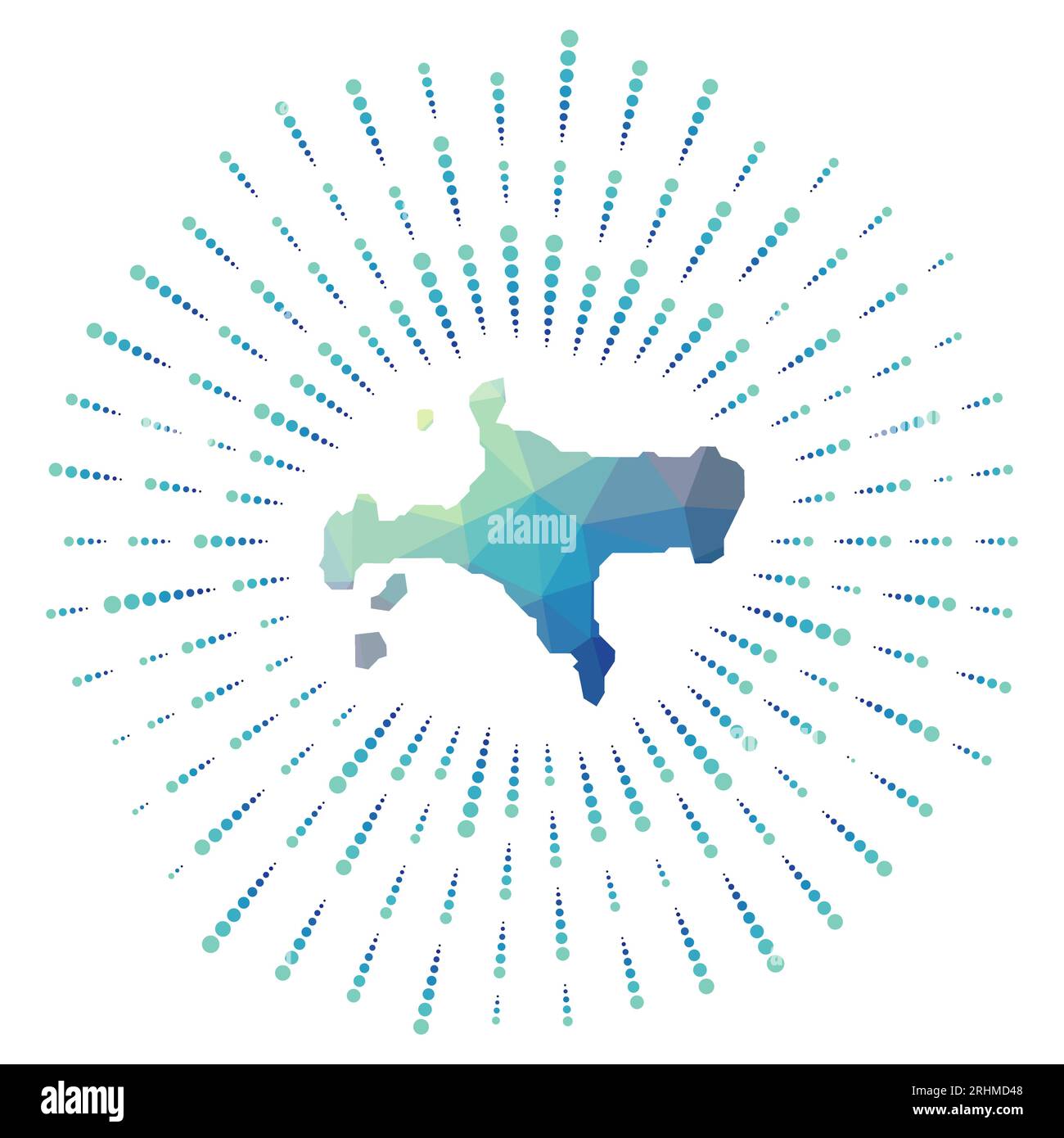 Shape of Ko Mak, polygonal sunburst. Map of the island with colorful ...