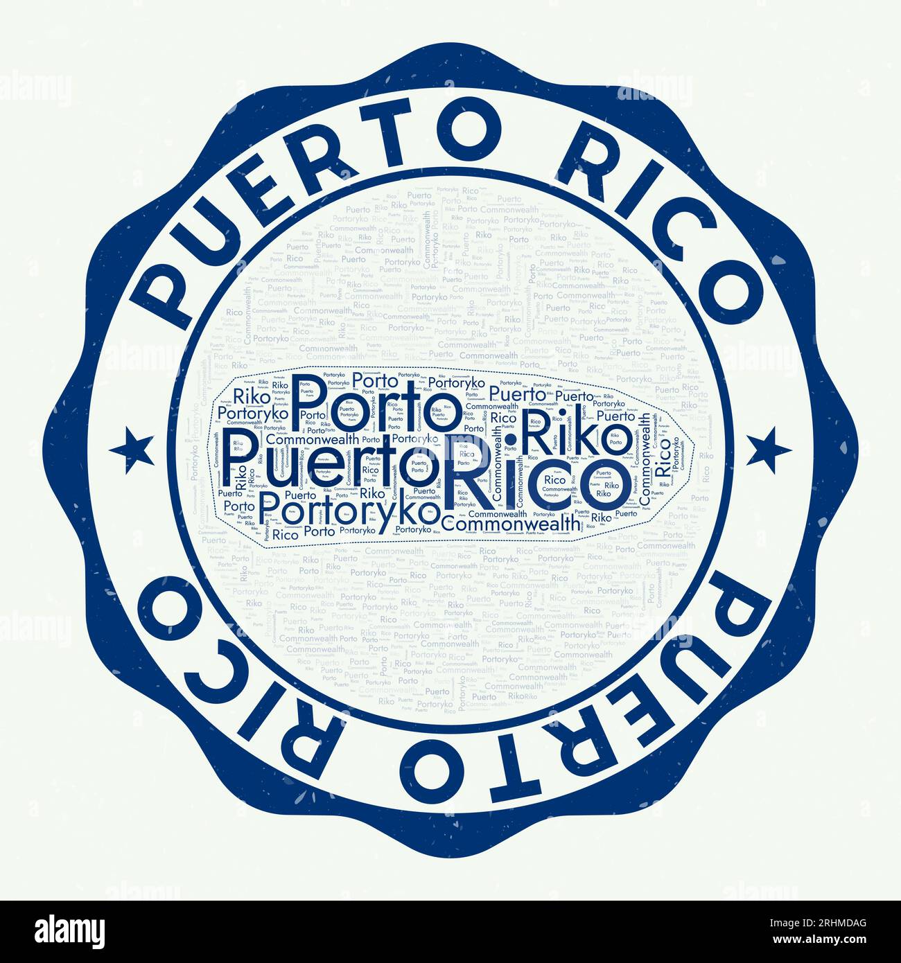 Puerto Rico logo. Artistic country badge with word cloud in shape of Puerto Rico. Round emblem ...
