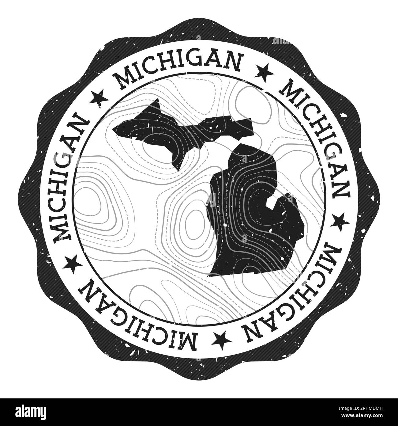 Michigan outdoor stamp. Round sticker with map of US state with ...