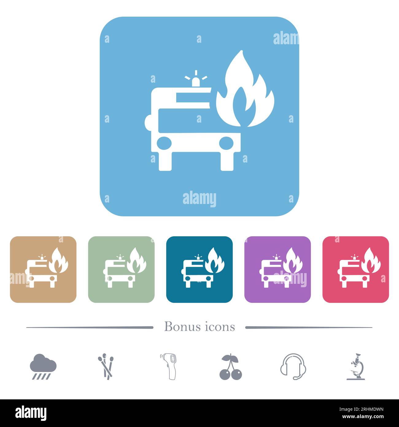 Fire engine with flame white flat icons on color rounded square backgrounds. 6 bonus icons ...