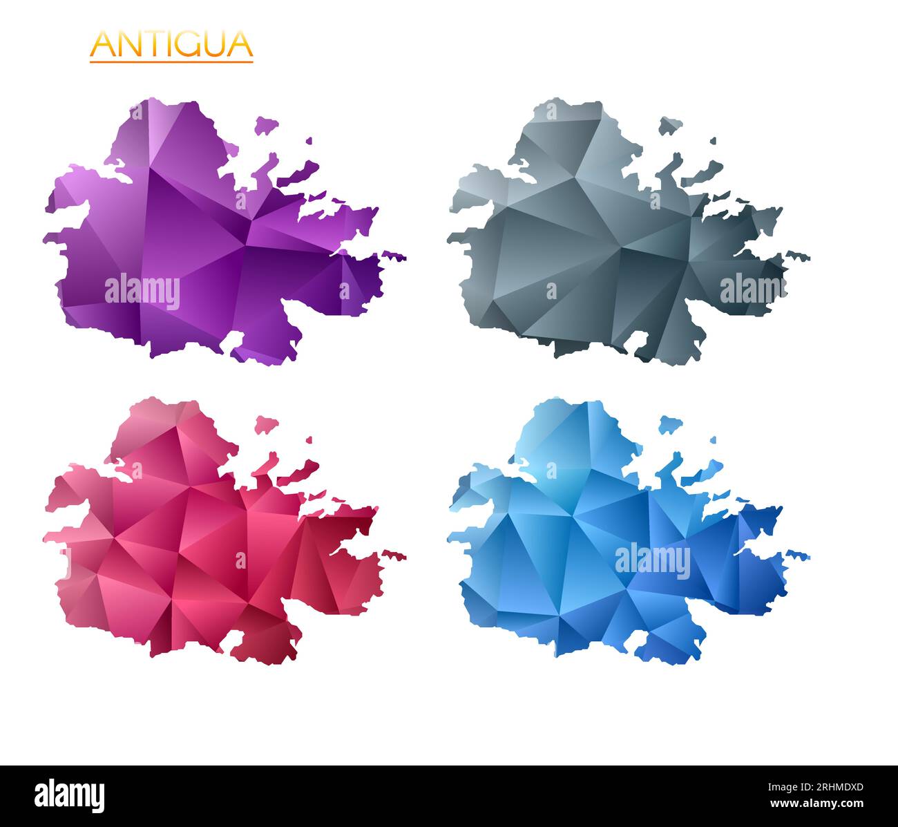 Set of vector polygonal maps of Antigua. Bright gradient map of island ...
