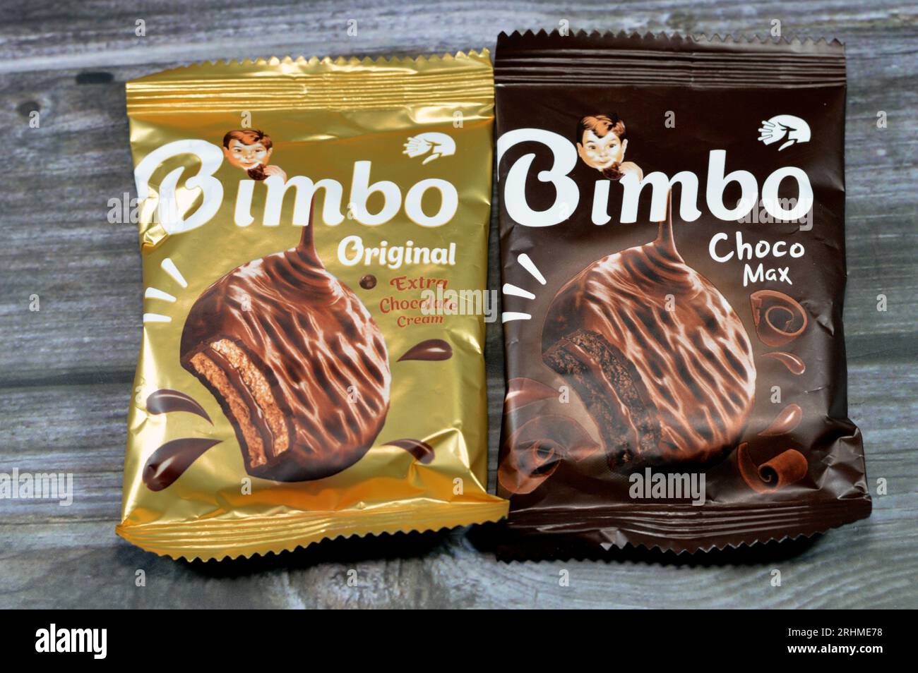 Cairo, Egypt, August 4 2023: Bimbo original with extra chocolate cream and choco max biscuits ...