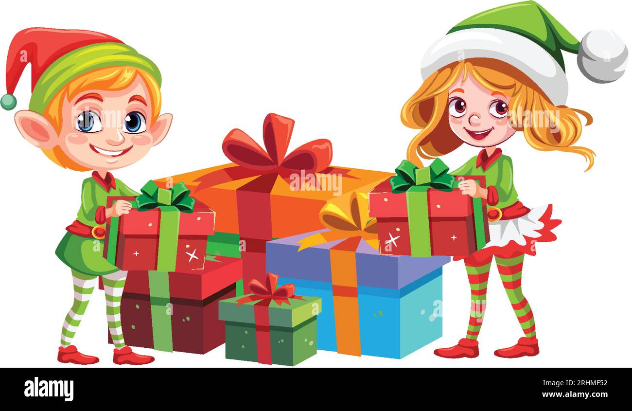 A cartoon illustration of a cute couple dressed in elf costumes ...