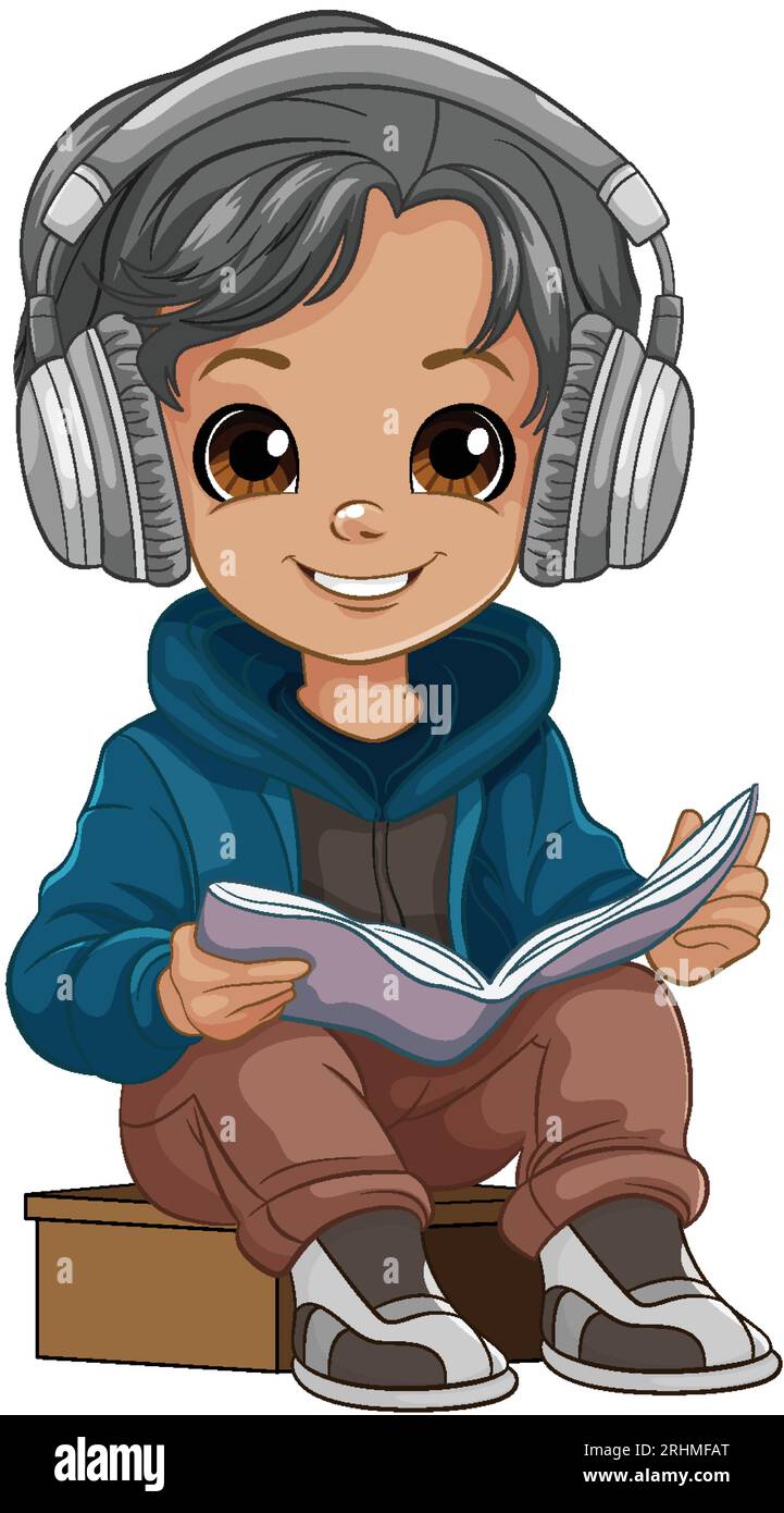 Boy reading a book and wearing headset illustration Stock Vector Image ...