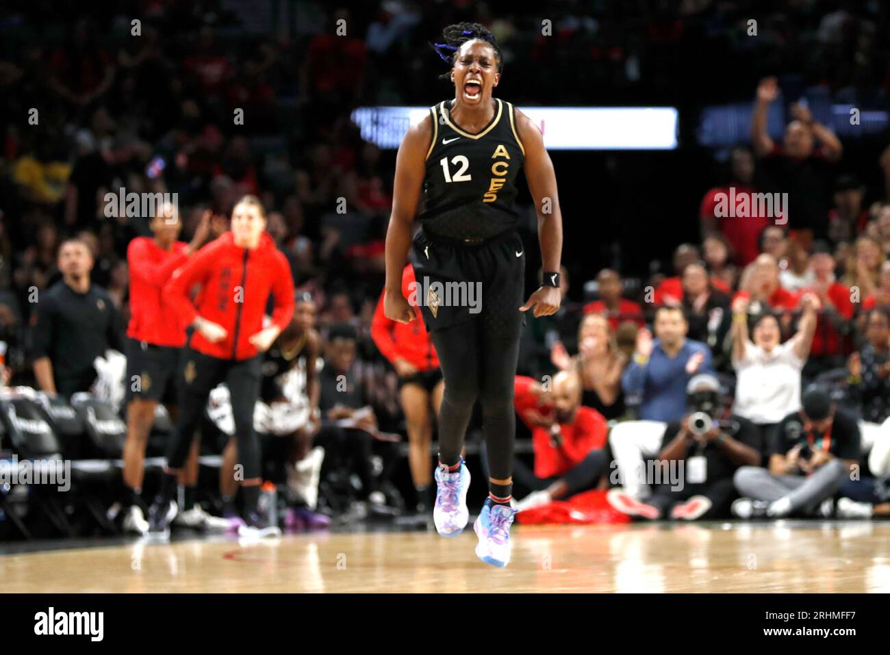 Las Vegas Aces guard Chelsea Gray (12) celebrates after making a 3 ...