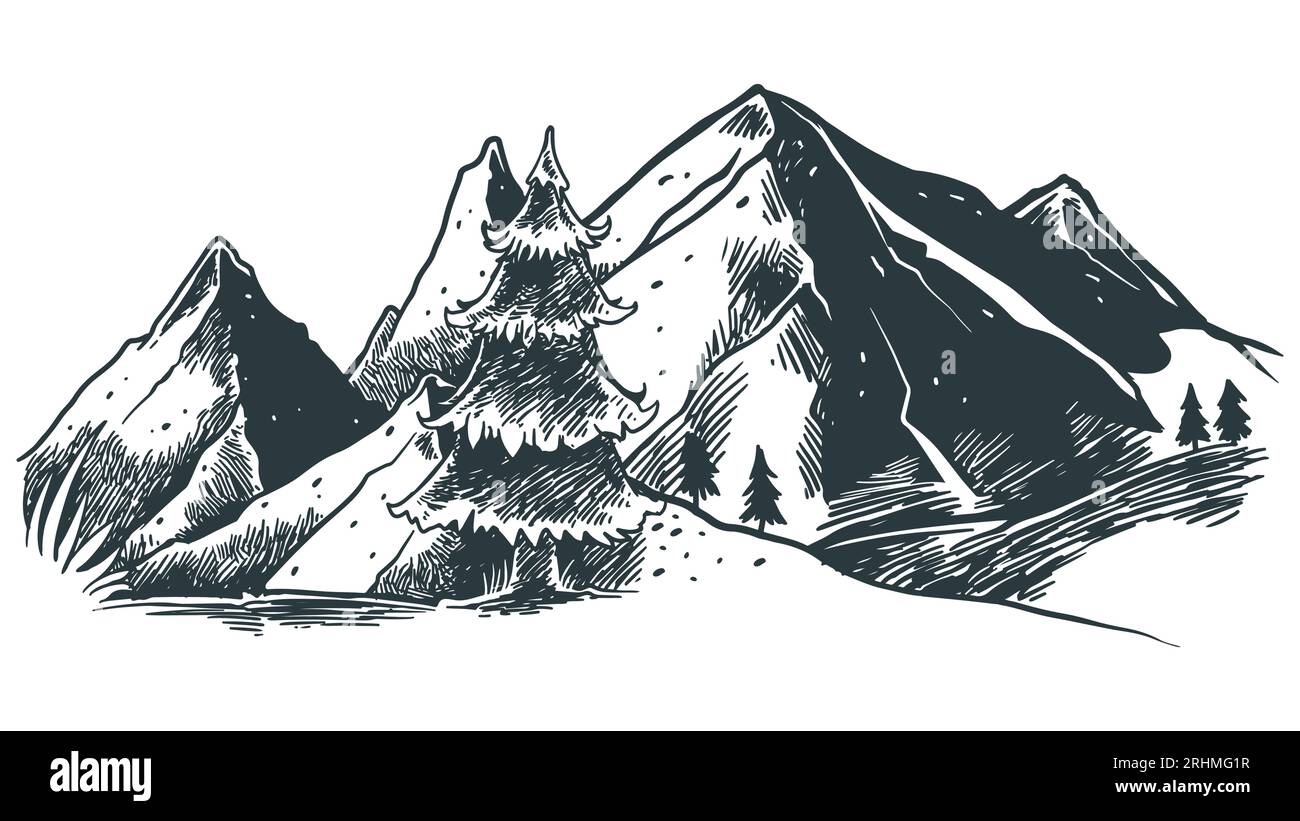 Mountain hill landscape Hand drawn vector illustration, sketch natural ...