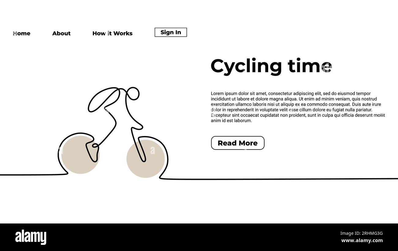 Cycling time one line drawing landing page template. Continuous hand ...