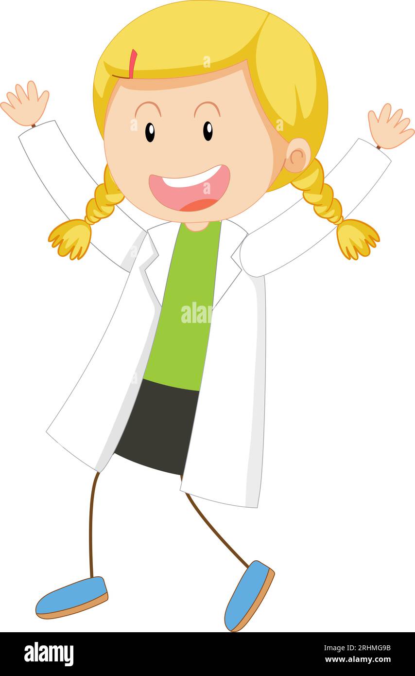 An adorable female scientist wearing a gown in a doodle-style ...
