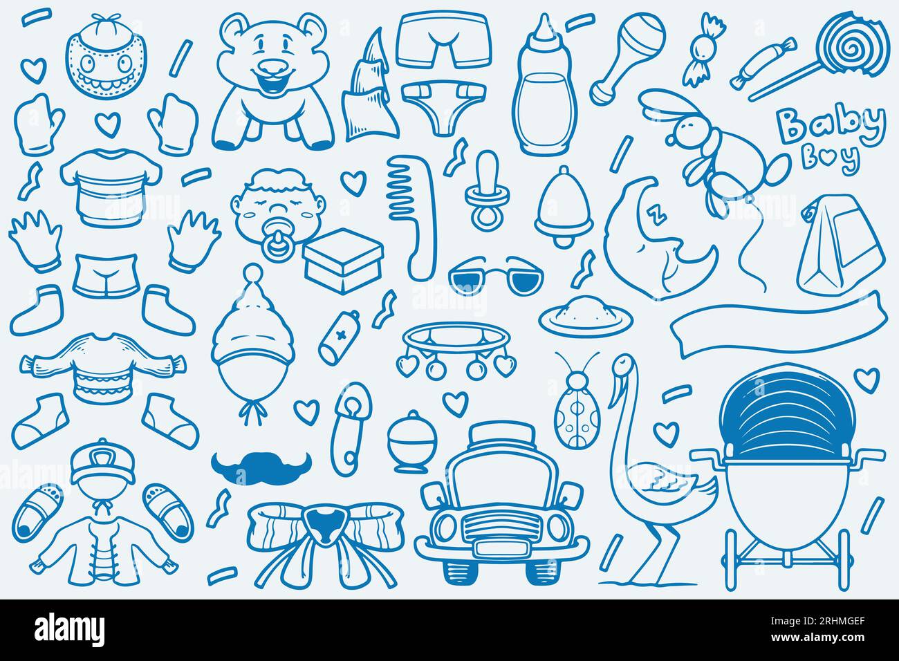 Set of blue doodle element new baby born drawing on white background ...