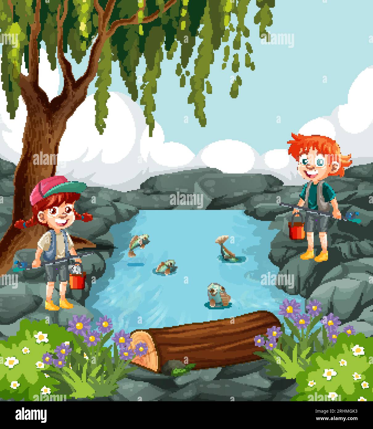 Kids Cartoon Characters Exploring Pond in Forest Scene illustration ...