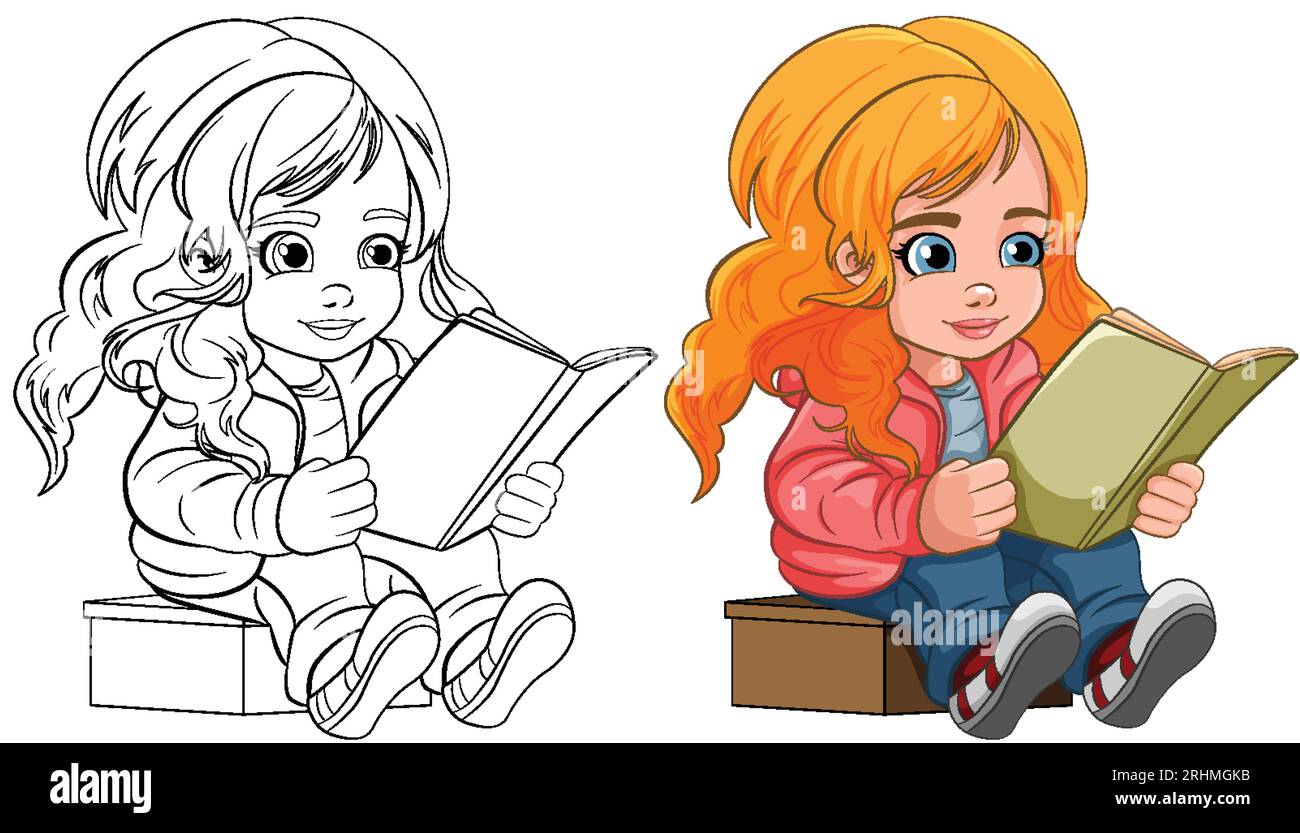 Girl cartoon reading book isolated and its doodle outline illustration ...