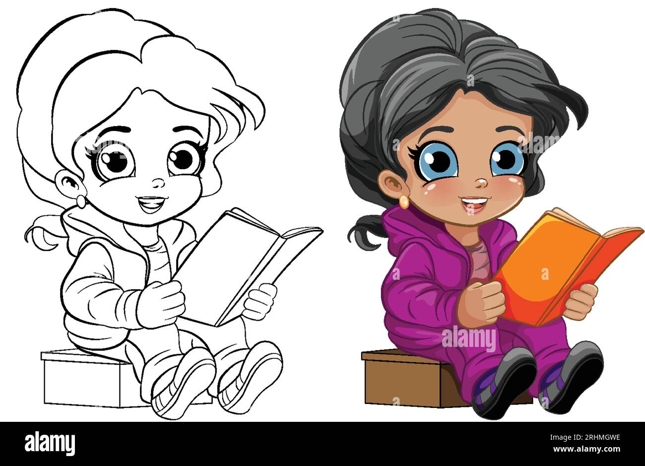 Cute Girl Reading Book Outline for Colouring illustration Stock Vector ...