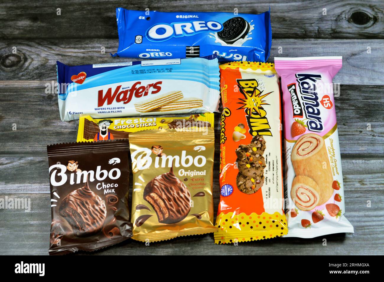 Cairo, Egypt, August 4 2023: collection of candy and sweets, Bisco Misr ...