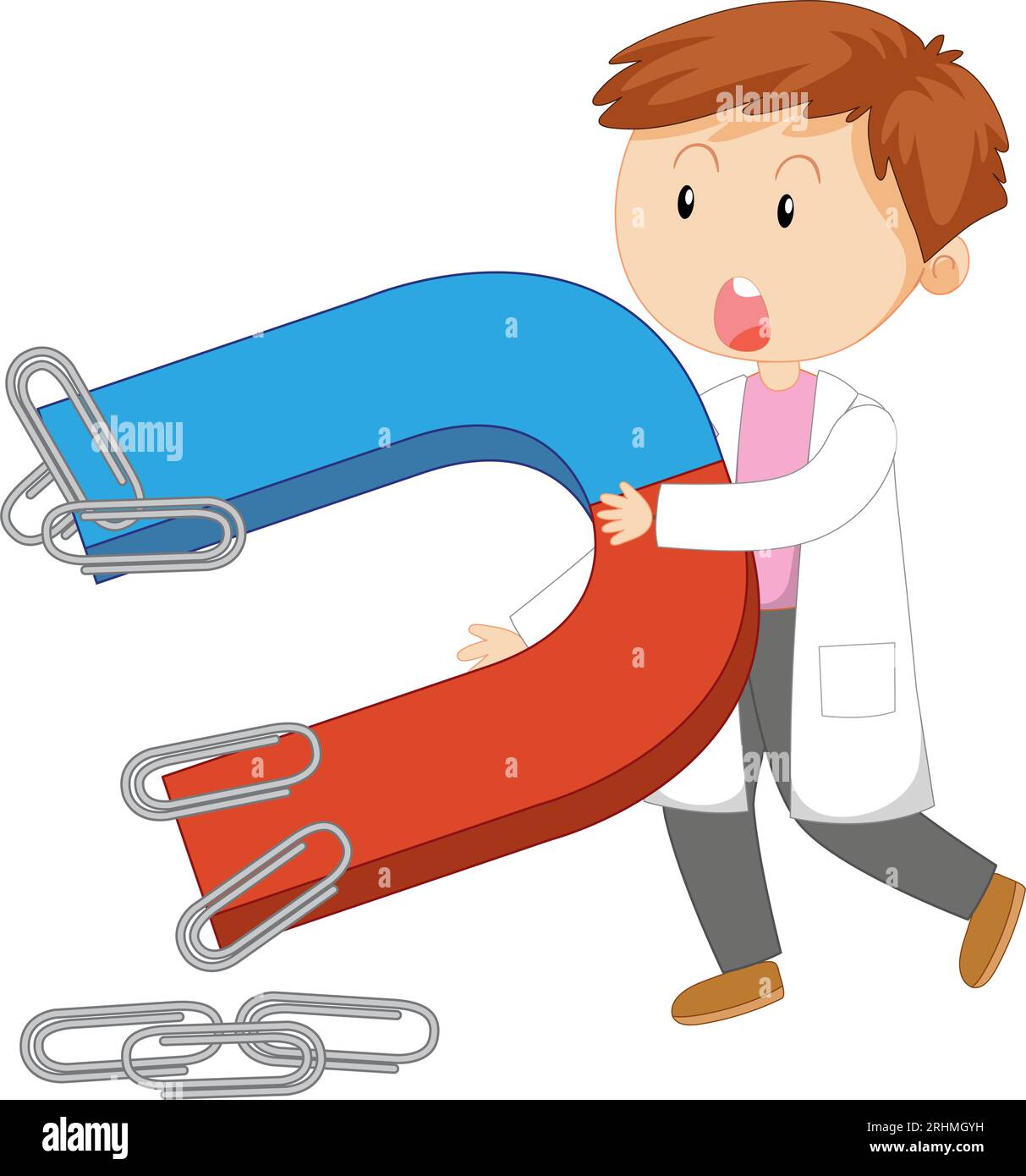 Adorable scientist wearing gown holds magnet in doodle style Stock ...