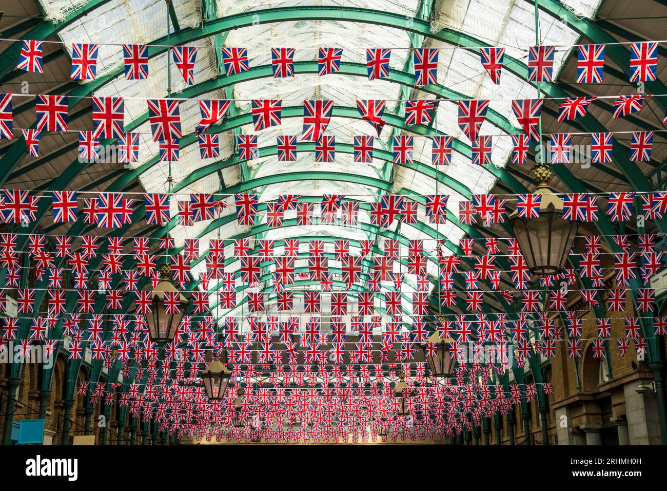 Thousands of UK Union Jack Flags bunting at a popular London market ...