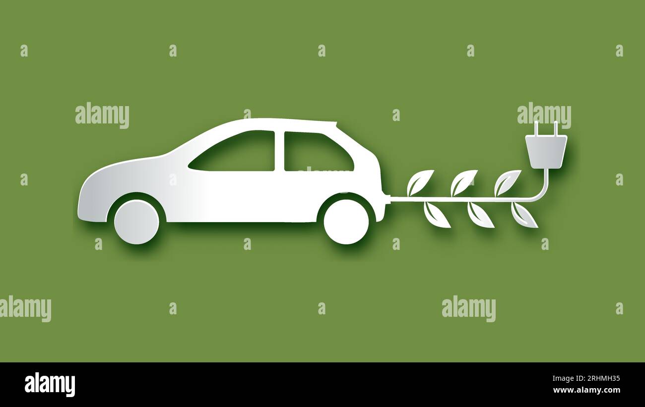 Eco car vector paper cut style. Vehicle with electric leaves battery ...