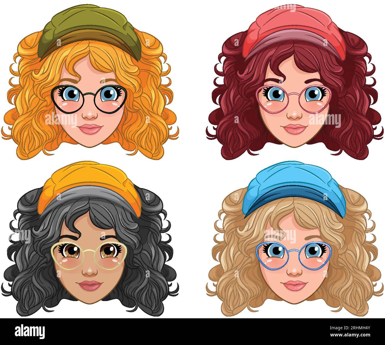 Set of youth woman head wearing cap cartoon illustration Stock Vector ...
