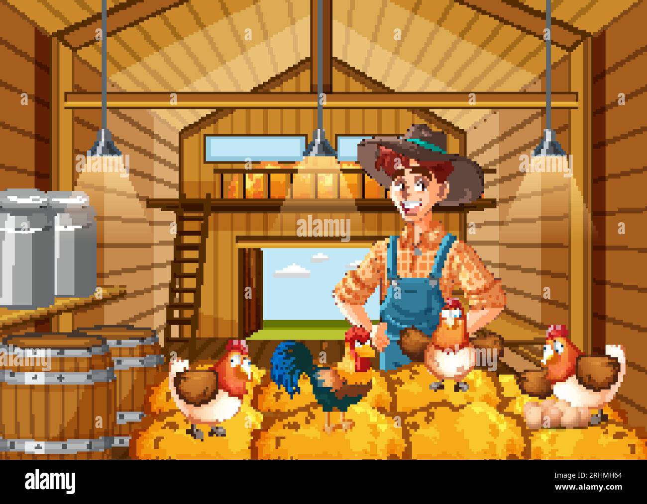 Barn Indoor Scene with Farmer and Chicken illustration Stock Vector ...