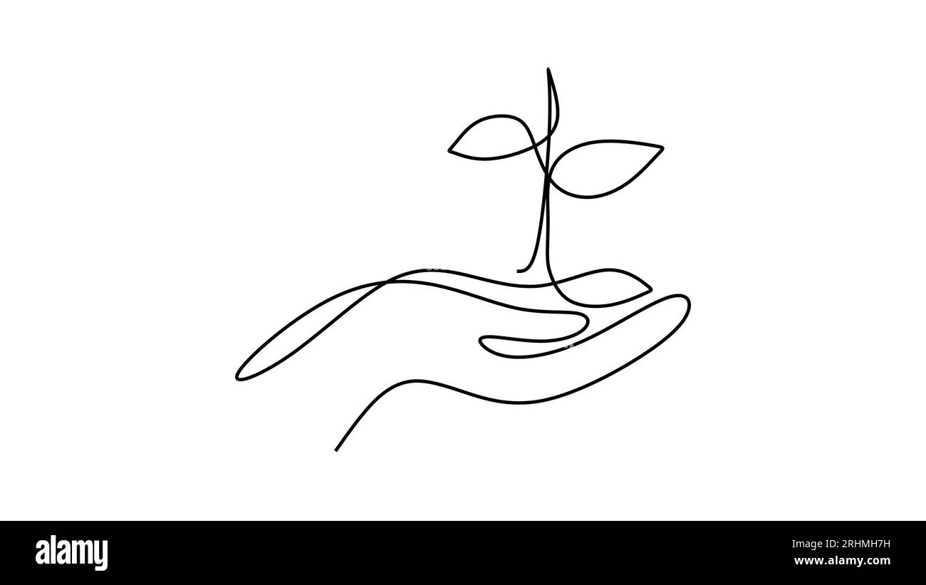 Line drawing of plant on hand. Continuous one hand drawn minimalist ...