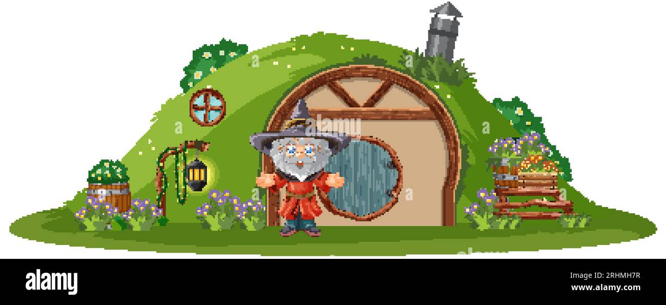 Wizard standing in front of hobbit house illustration Stock Vector ...