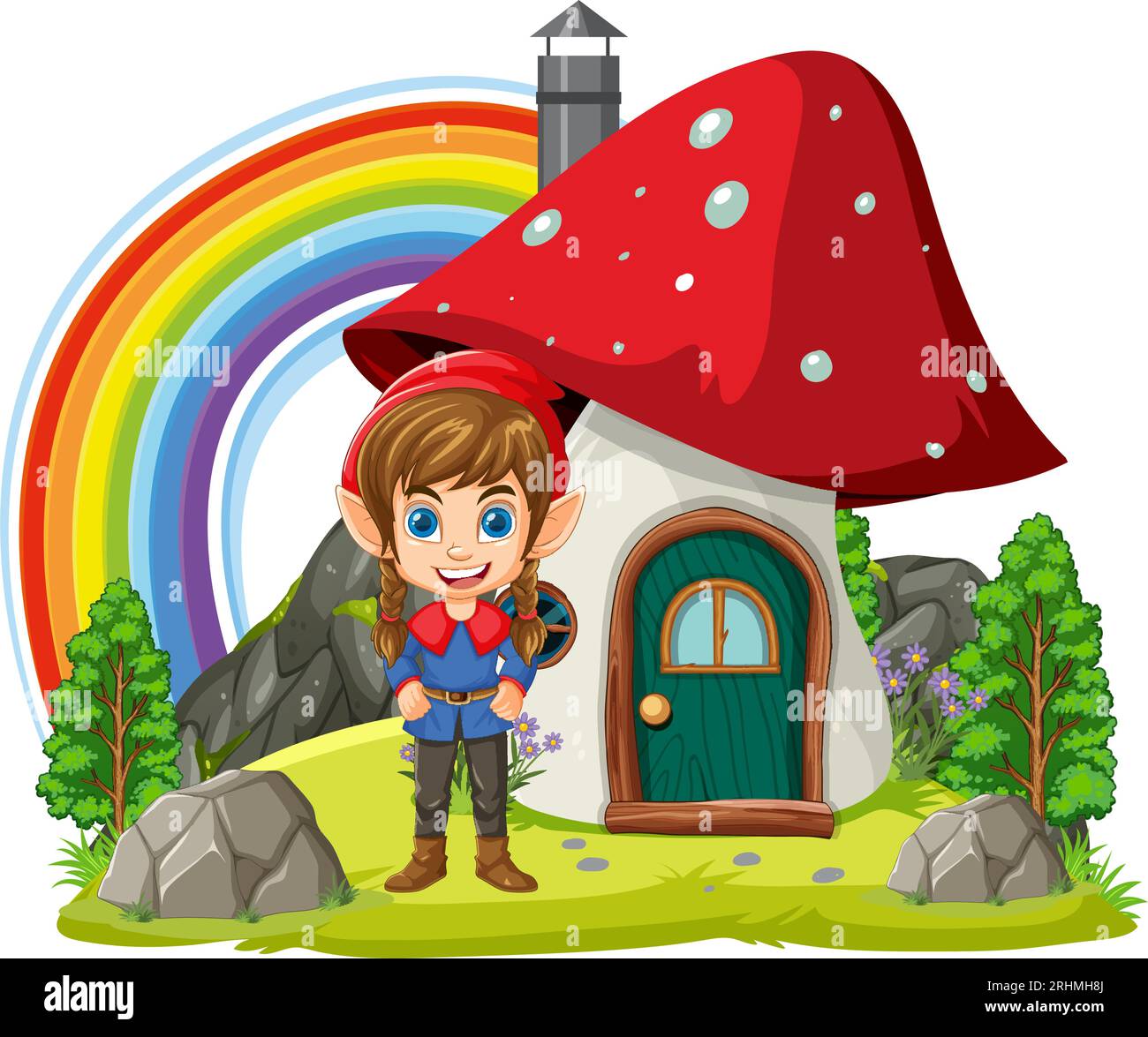 Dwarf cartoon standing in front of the mushroom house in fantasy world ...