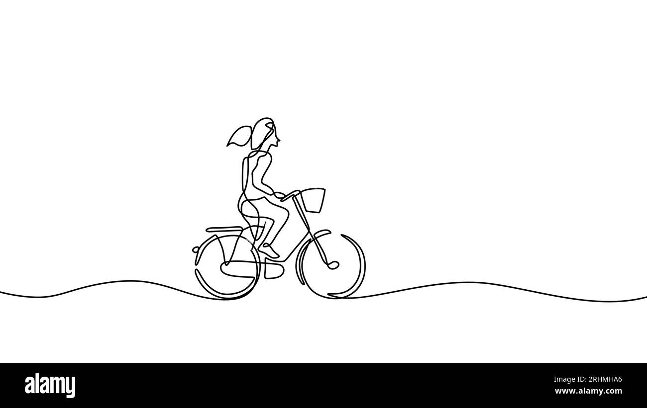 One line drawing a girl ride a bike. Bicycle time and cycling with ...