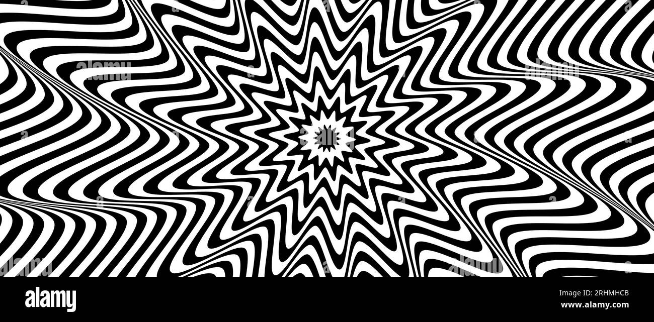 Radial optical illusion background. Black and white abstract wave lines ...