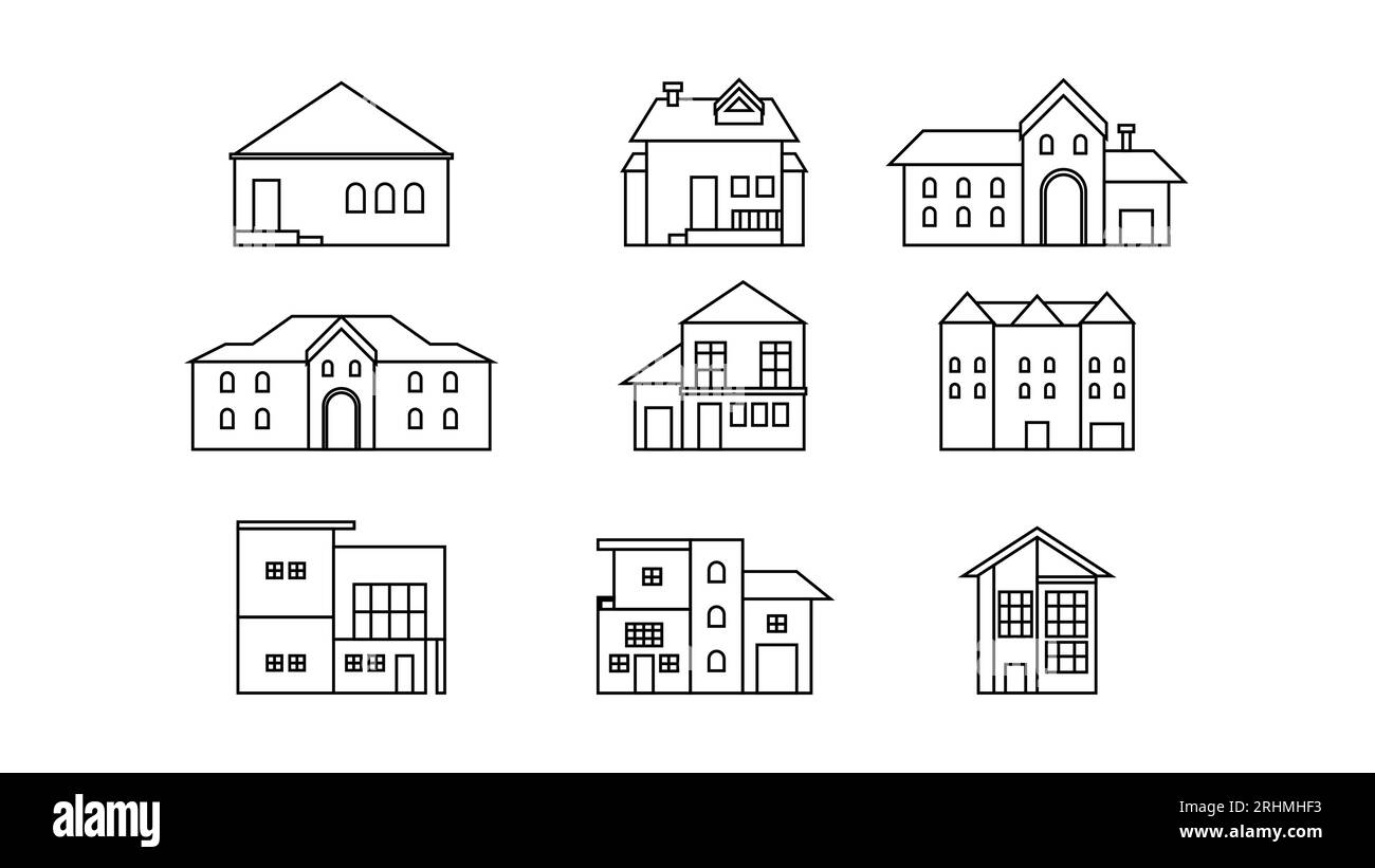 cottage house buildings set line art. Vector illustration outline ...