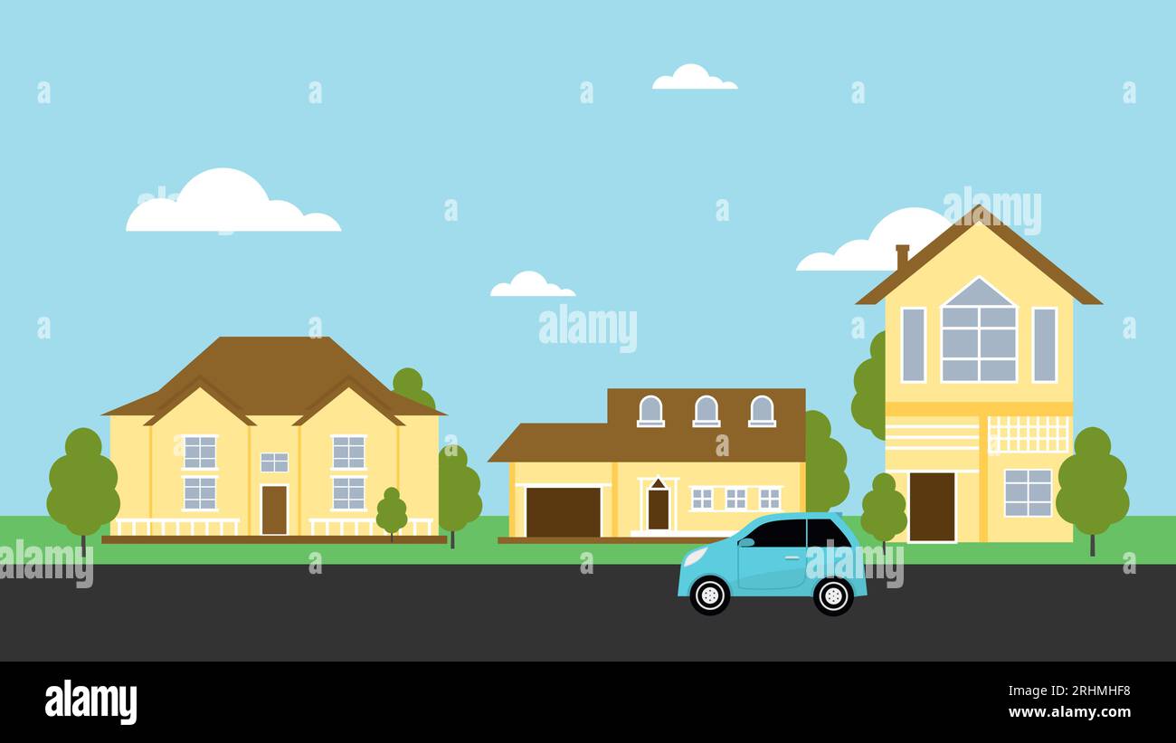 Suburban neighborhood houses landscape, vector illustration small town ...
