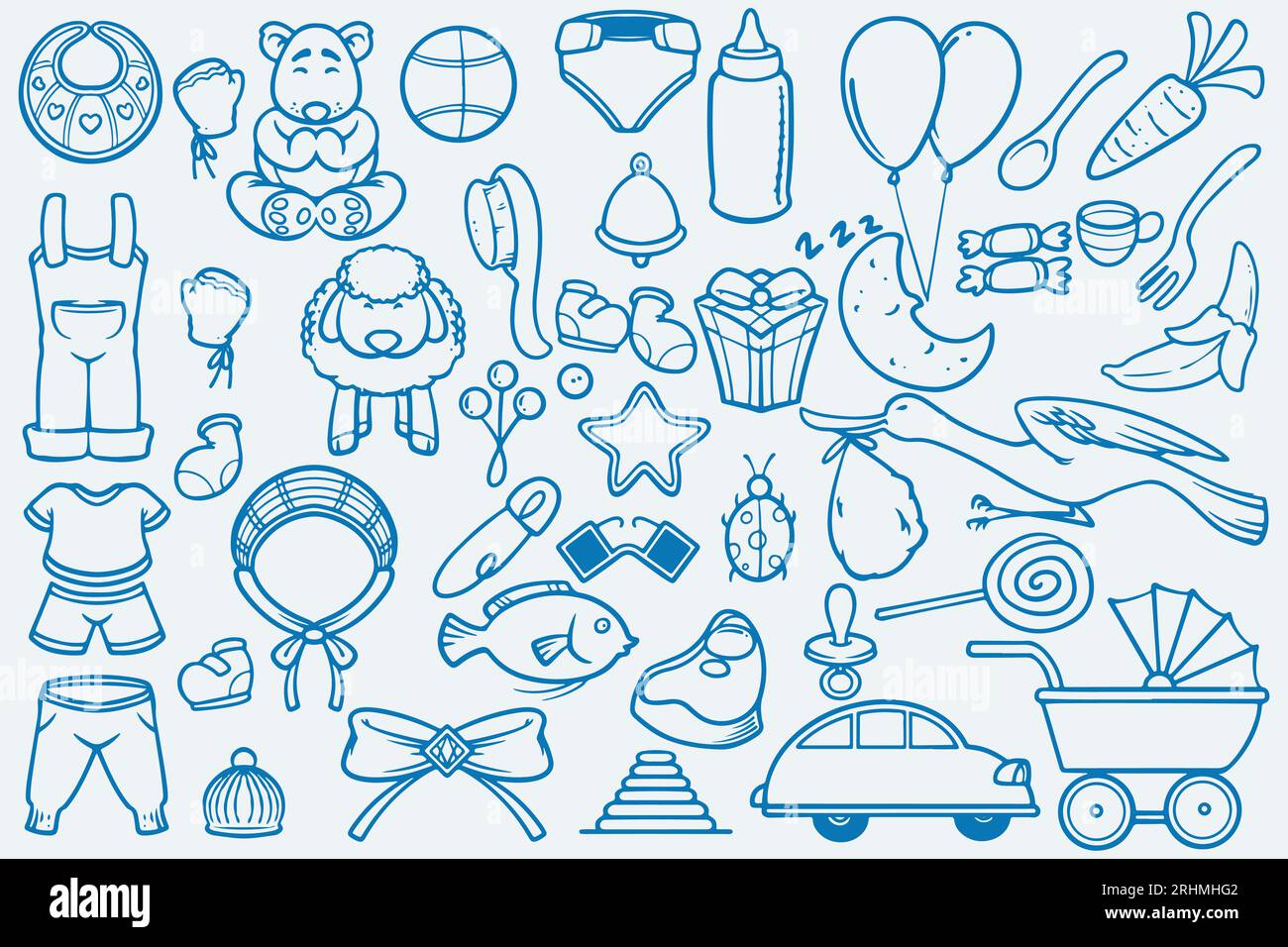 Set of blue doodle element new baby born drawing on white background ...