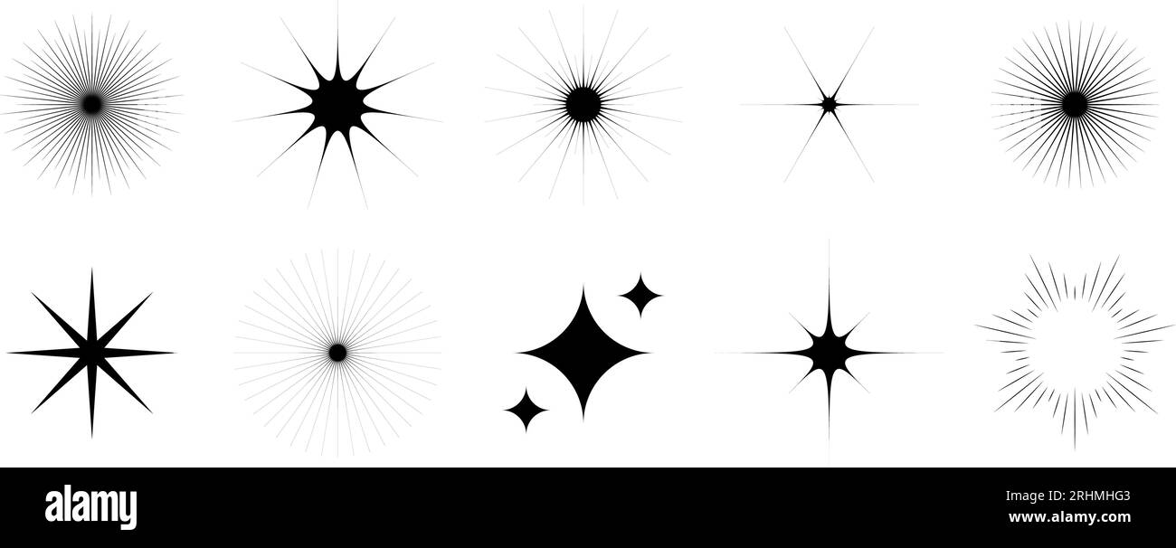 Various stars and twinkles set. Retro blink collection. Abstract black starburst shine effect ...