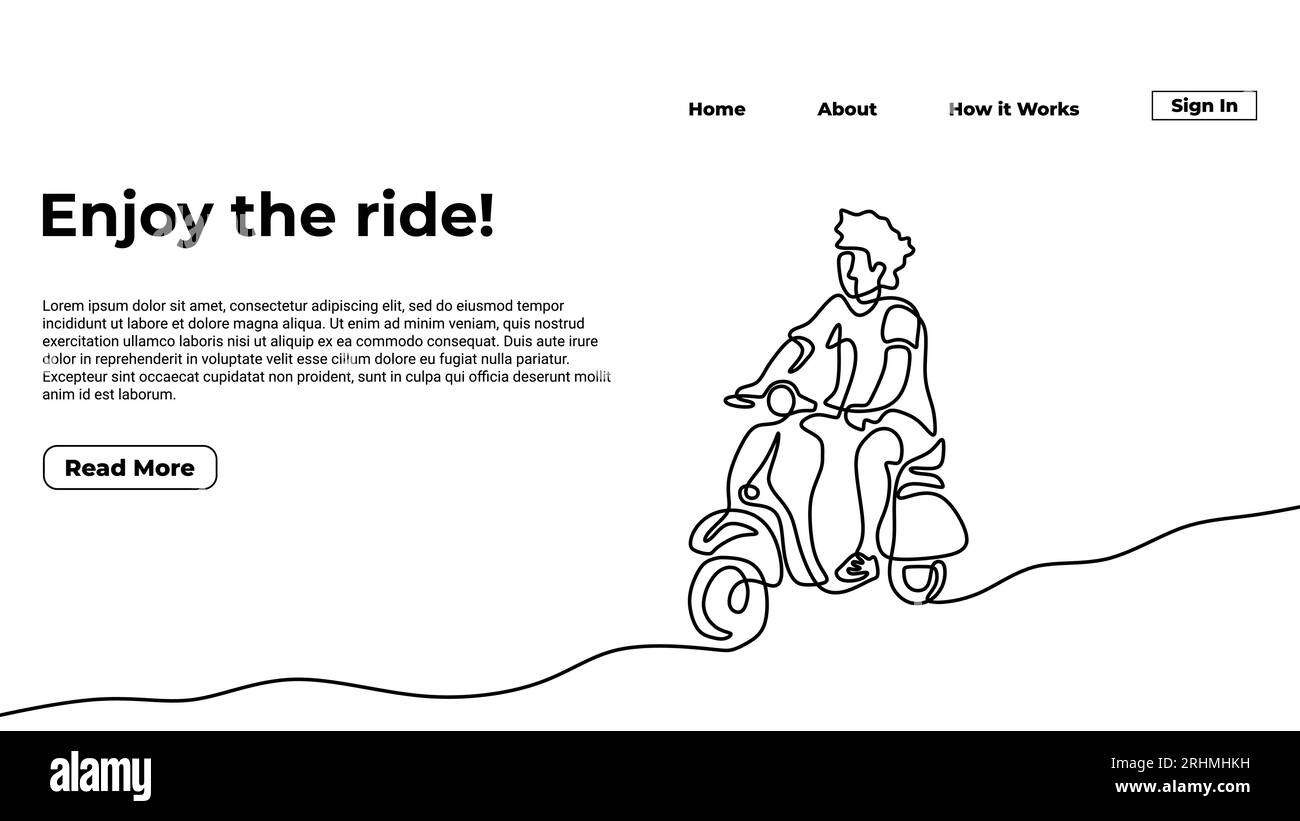 A man ride a scooter one line drawing, landing page design enjoy the ...