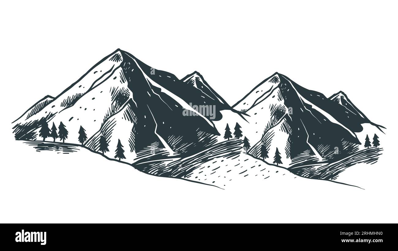 Mountain hill landscape Hand drawn vector illustration, sketch natural ...