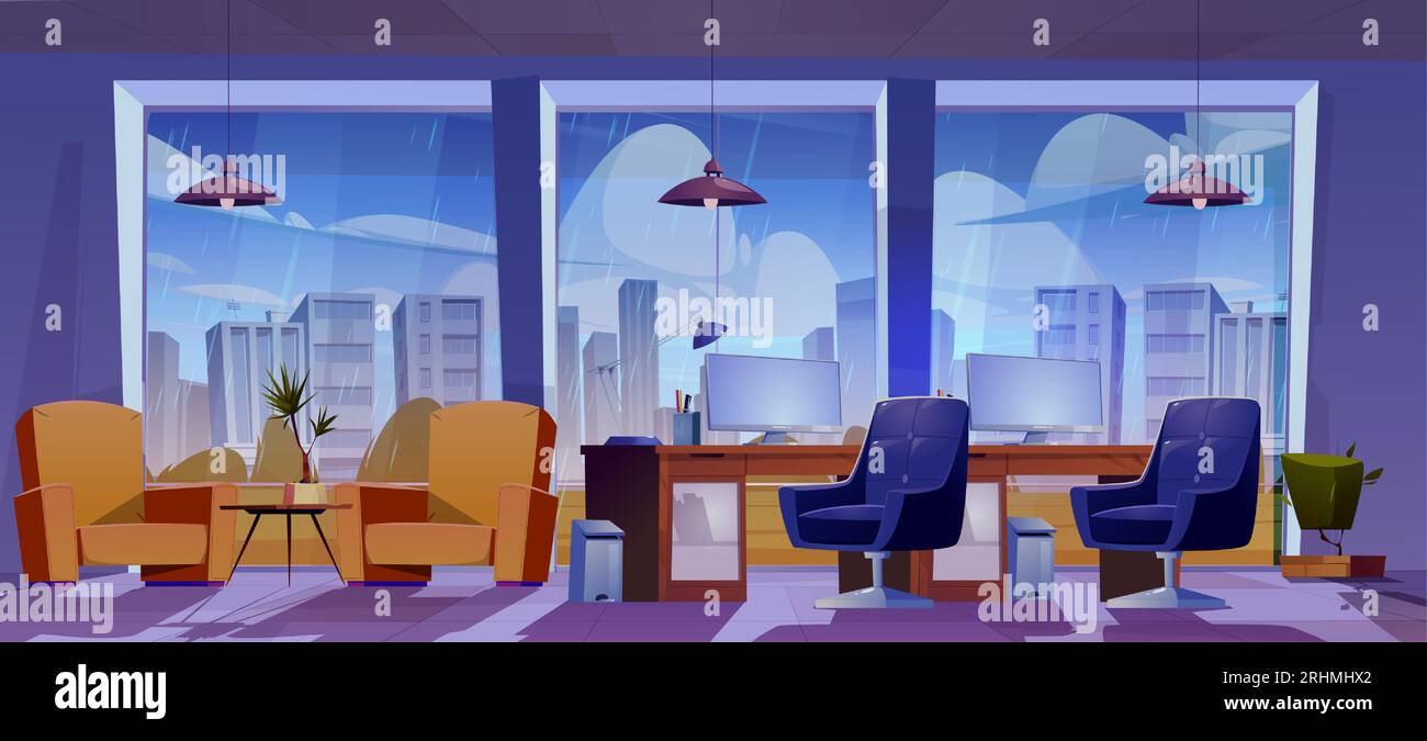 Empty company office in rainy weather. Vector cartoon illustration of ...