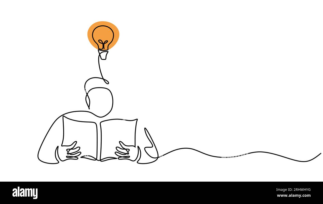 Man reading an interesting book. Continuous line drawing style, Hand ...